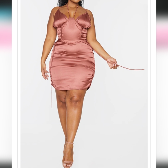 PrettyLittleThing | Dresses | Plt Plus Curve Pink Clay Satin Strappy ...